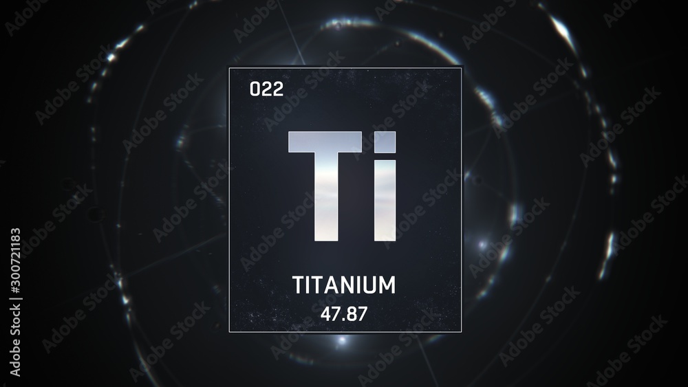 3D illustration of Titanium as Element 22 of the Periodic Table. Silver ...