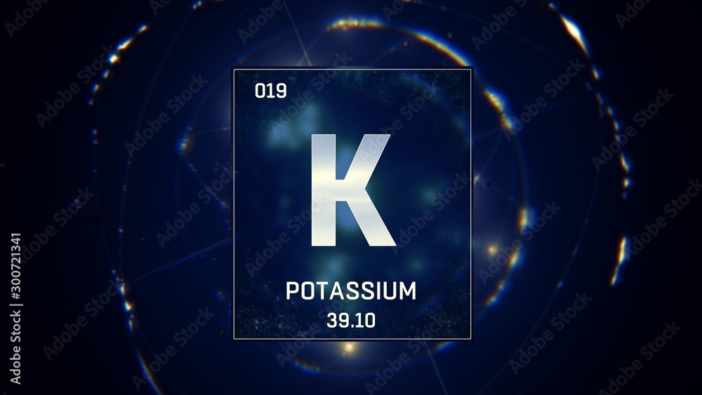 3D illustration of Potassium as Element 19 of the Periodic Table. Blue ...