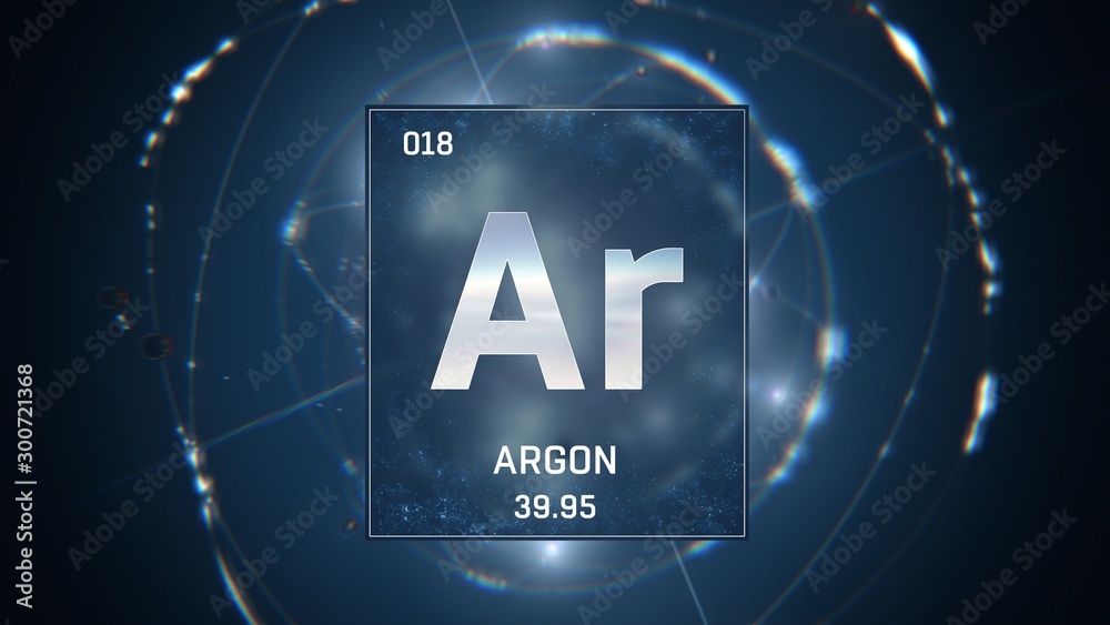 3D illustration of Argon as Element 18 of the Periodic Table. Blue ...