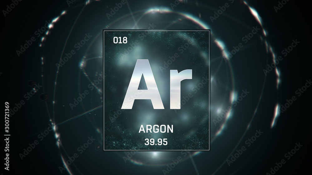 3D illustration of Argon as Element 18 of the Periodic Table. Green ...