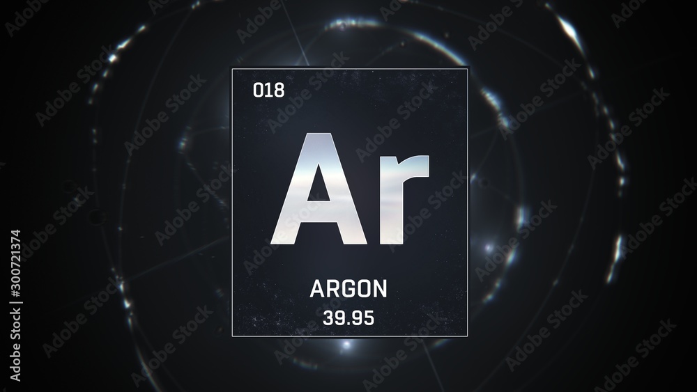 3D illustration of Argon as Element 18 of the Periodic Table. Silver ...