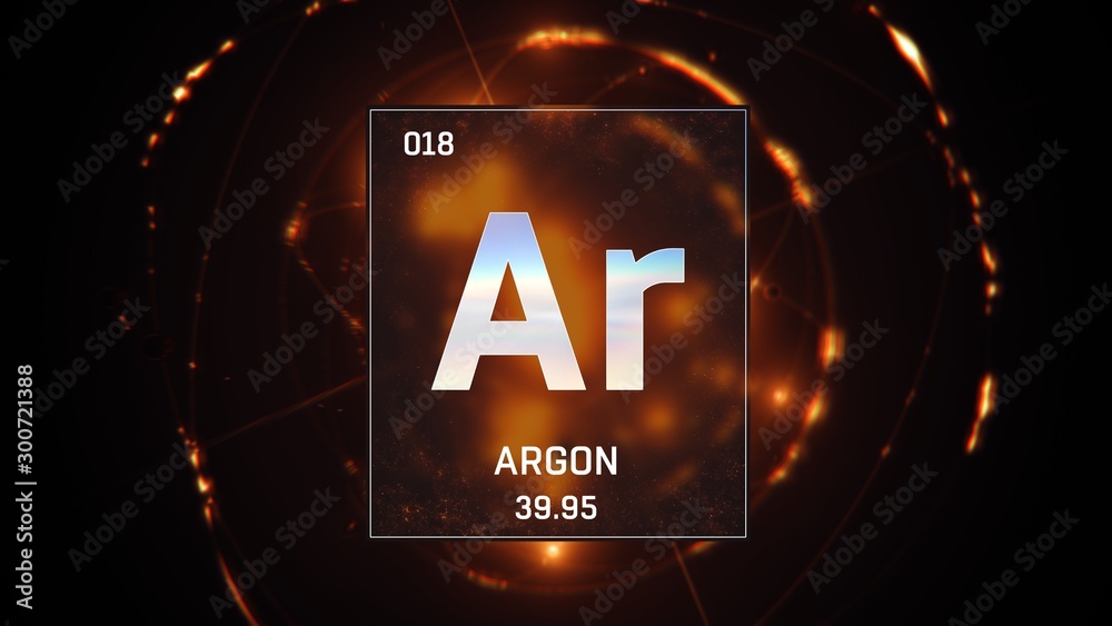 3D illustration of Argon as Element 18 of the Periodic Table. Orange ...