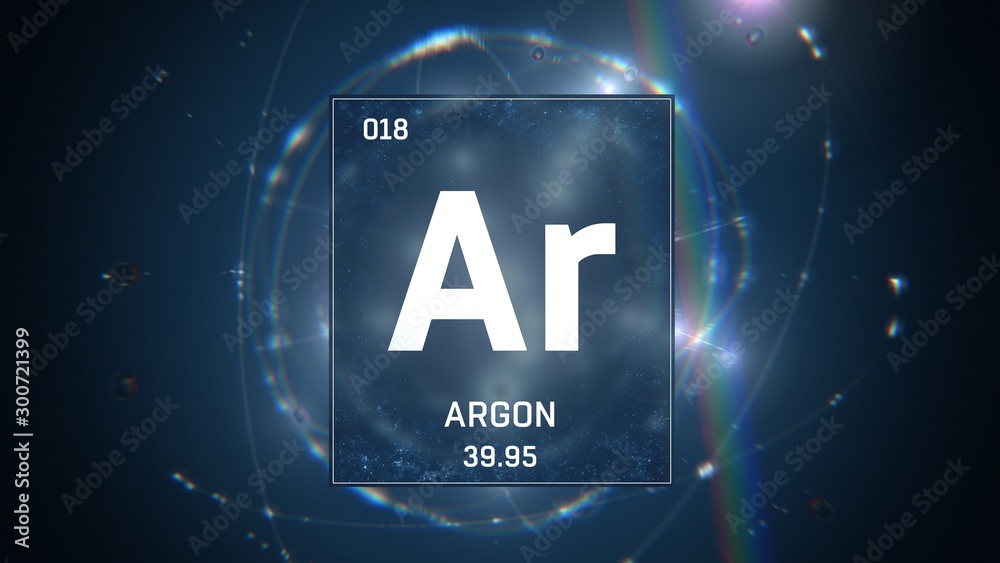 3D illustration of Argon as Element 18 of the Periodic Table. Blue ...