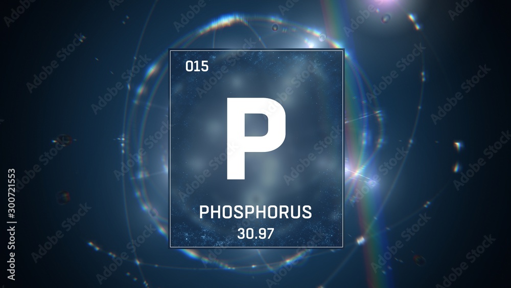 3D illustration of Phosphorus as Element 15 of the Periodic Table. Blue ...