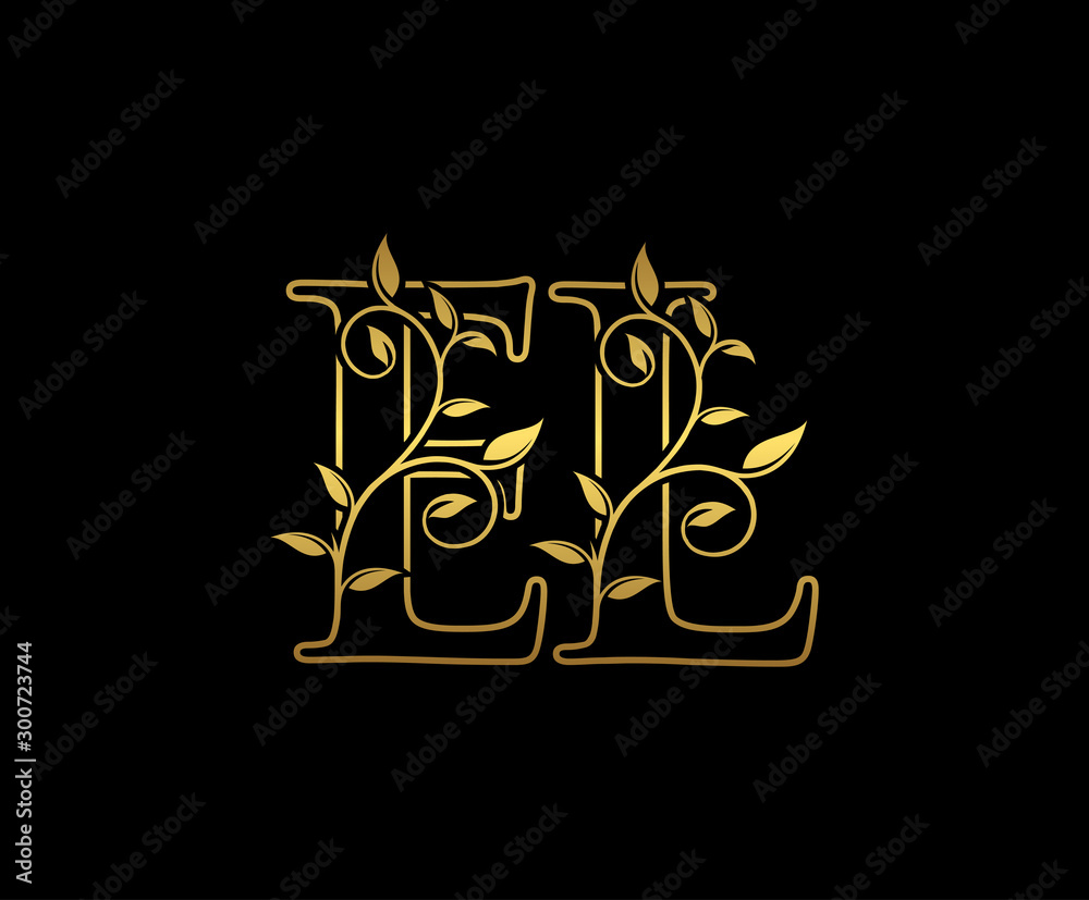 Golden letter E and L, EL vintage decorative ornament emblem badge ...