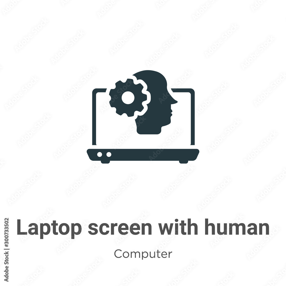 Laptop screen with human head graphic vector icon on white background ...