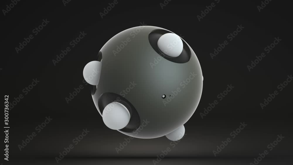 3D animation of an abstract sphere with holes in which balls pulsate ...
