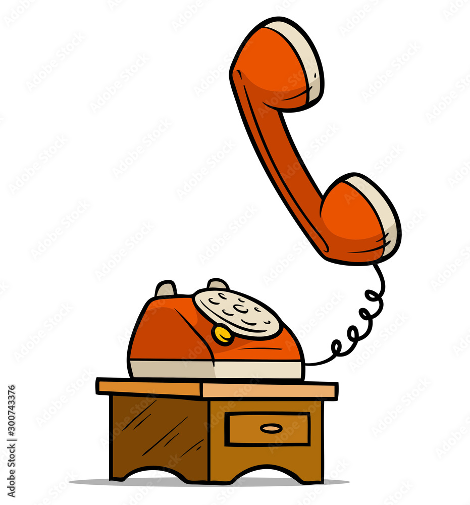 Cartoon orange retro phone with yellow button on wooden stand. Isolated ...