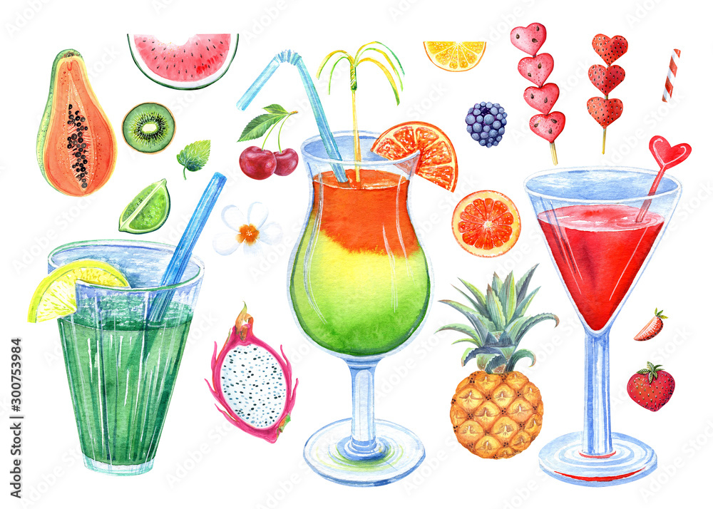 Clip Art set with 3 colorful cocktails, tropical fruit, pineapple ...
