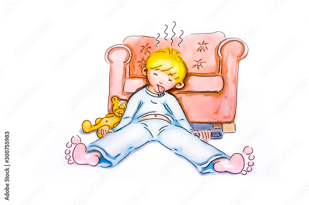 Junge sitzt im Schlafanzug barfuß am Boden vor Sessel Kopf raucht ...