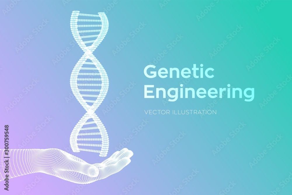 DNA sequence in hand. Wireframe DNA molecules structure mesh. DNA code ...