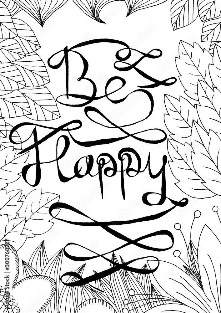 'be happy' word illustration adult coloring sheet design background ...
