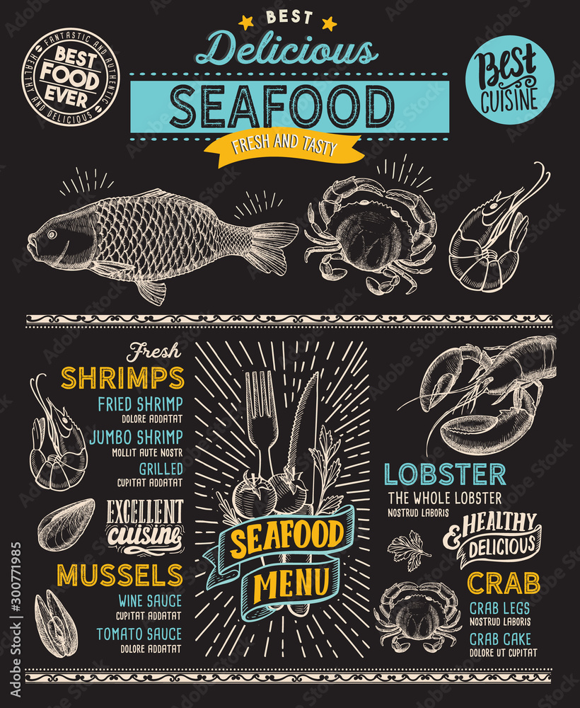 Seafood menu food template for restaurant with doodle hand-drawn ...