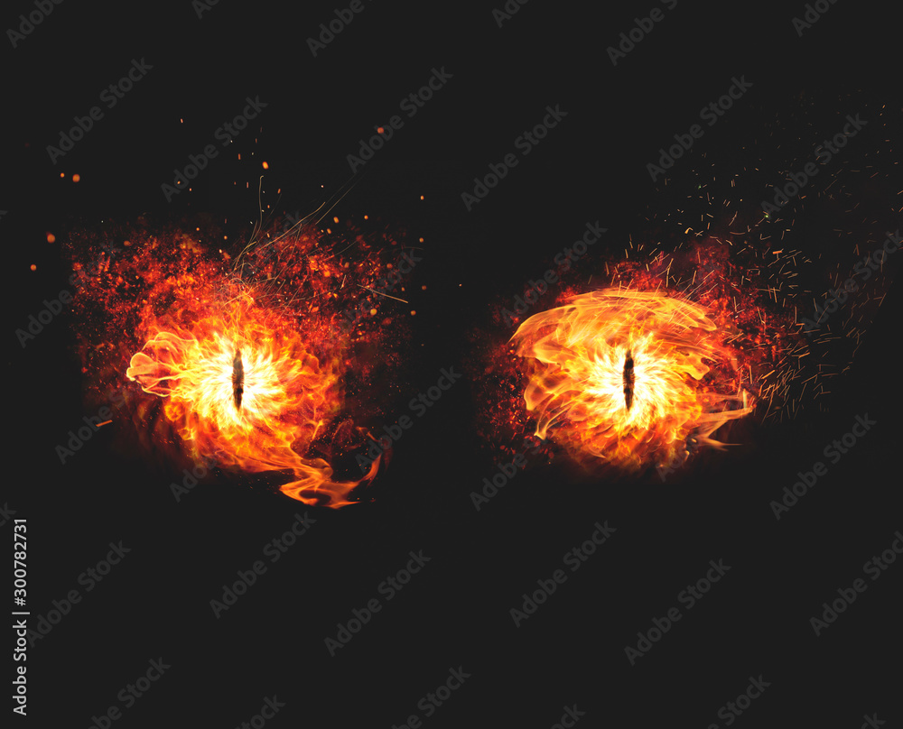 Blazing flames of fire for a demon eyes artwork on dark background ...