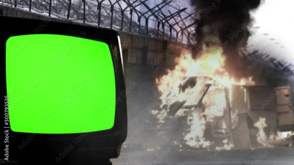 Retro TV Green Screen, a Car on Fire and the Berlin Wall. Dolly Shot ...