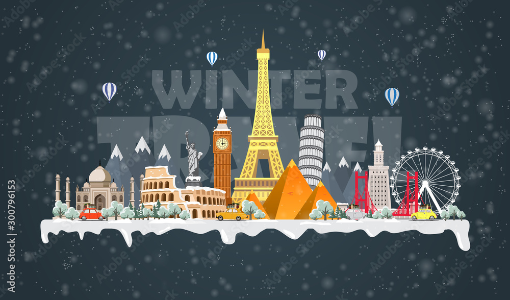 Winter travel to World. Christmas holidays. Road trip. Big set of ...