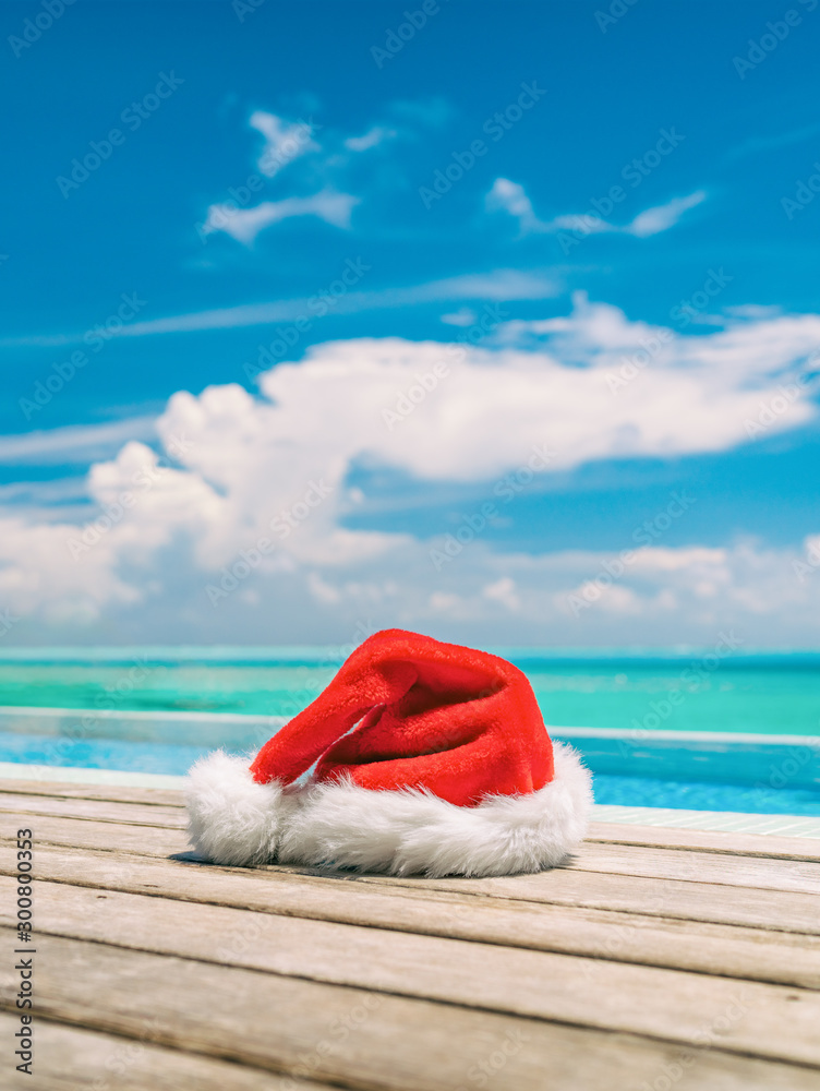 Christmas winter holidays santa hat near swimming pool of Caribbean ...