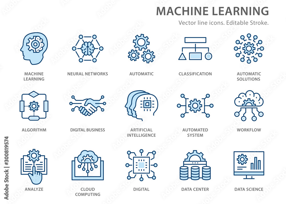 Machine learning line icons set. Vector illustration. Editable stroke ...