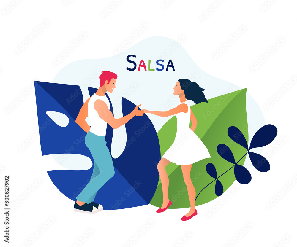 Salsa in the city. Street dancing. Beautiful couple dancing. Vector ...