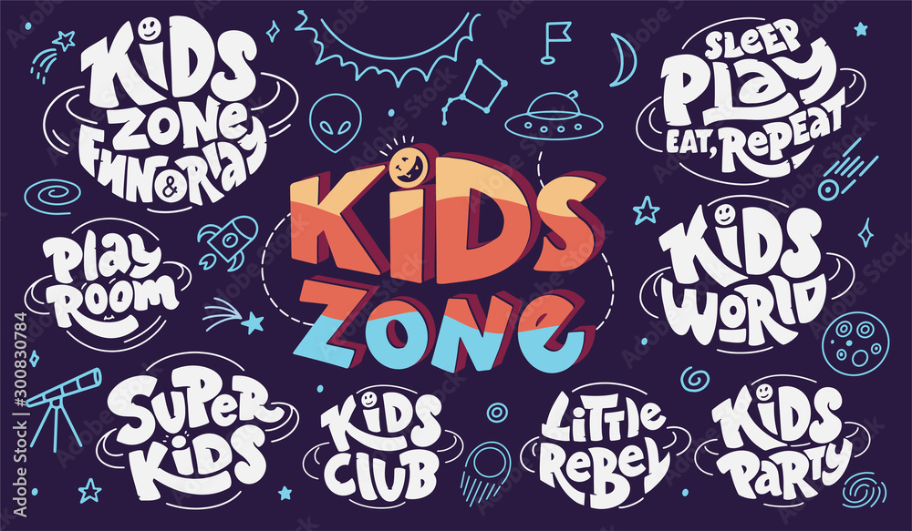 Set of kids zone hand drawn lettering and space doodles. Design, labels ...