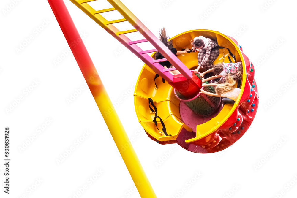 Pendulum swing ride in an amusement park and a cabin with cheerful ...