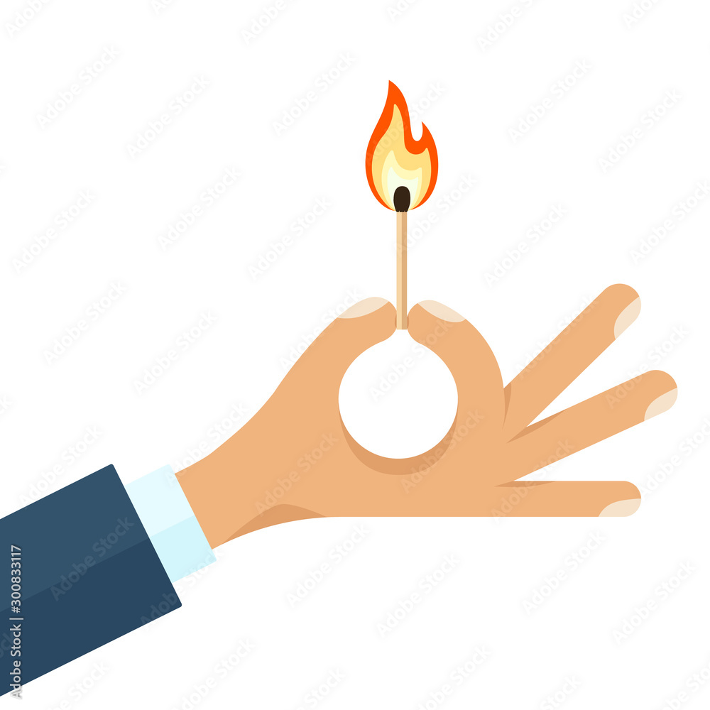 Hand holding a burning match stick with fire. Flat cartoon style design ...