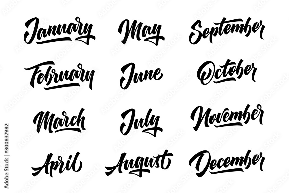 12 month. Handwritten lettering months of year. Stock Vector | Adobe Stock
