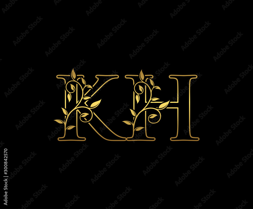 Golden letter K and H, KH vintage decorative ornament emblem badge ...