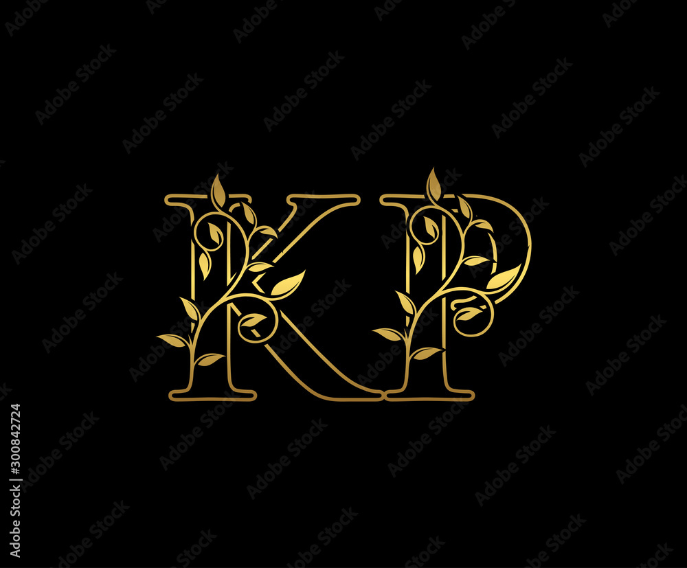 Golden letter K and P, KP vintage decorative ornament emblem badge ...