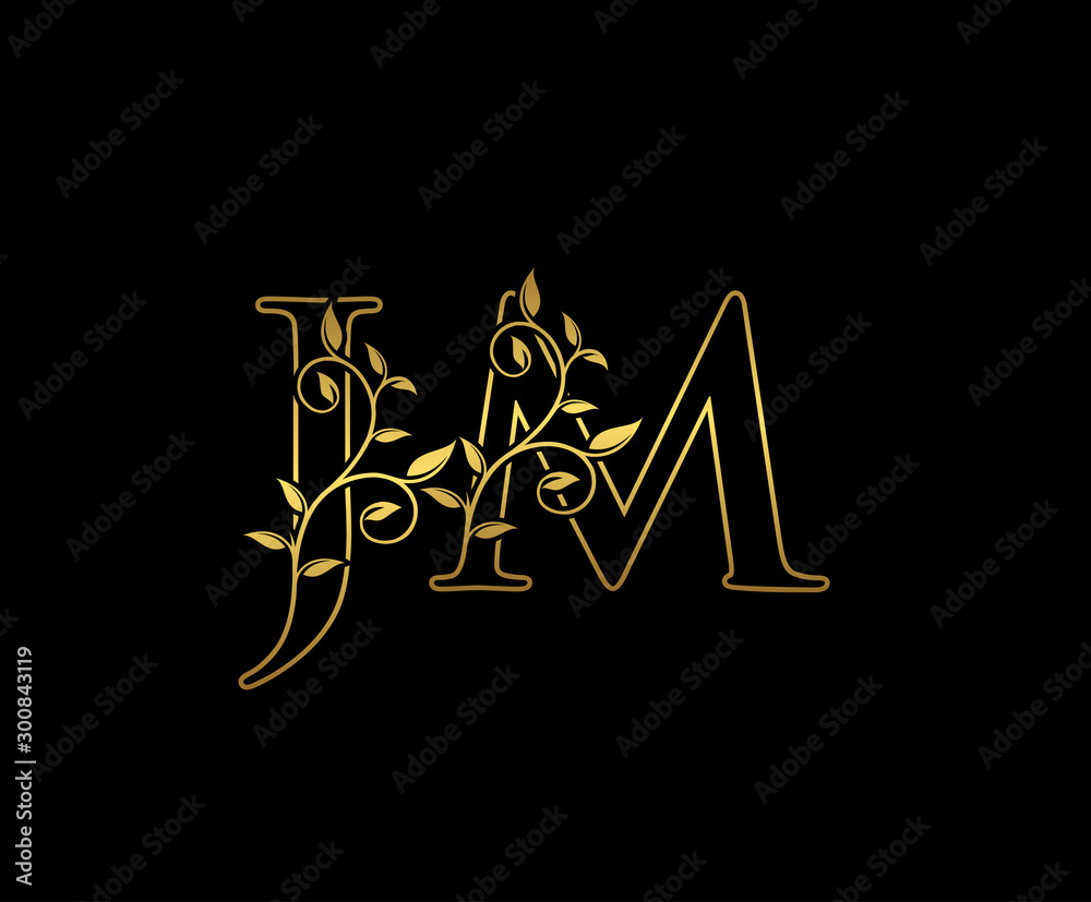 Classy letter J and M, JM vintage decorative ornament emblem badge ...