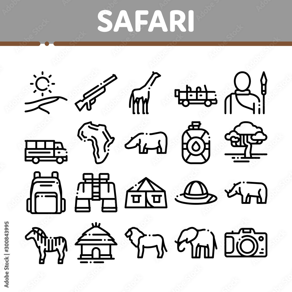 Safari Travel Collection Elements Icons Set Vector Thin Line. Animal ...