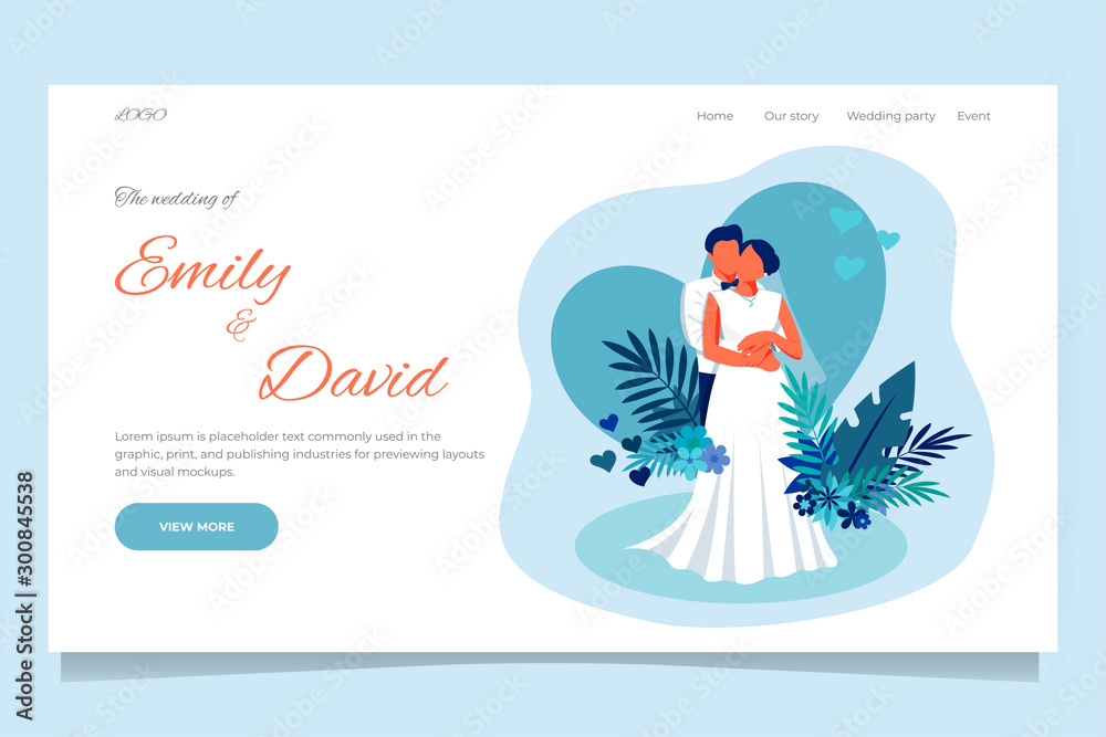 Wedding website with couple on blue background with hearts and tropical ...