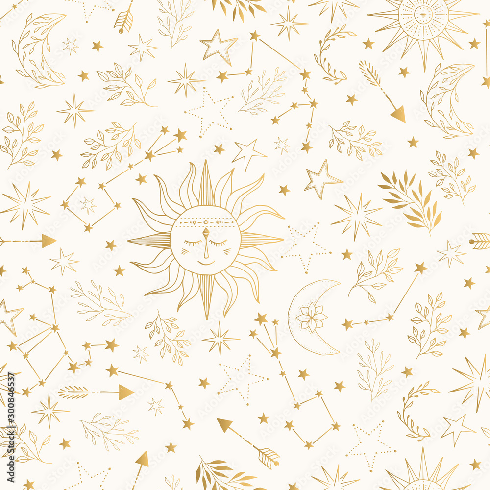 Golden mystic pattern with shooting stars, comets, cute sun and moon ...