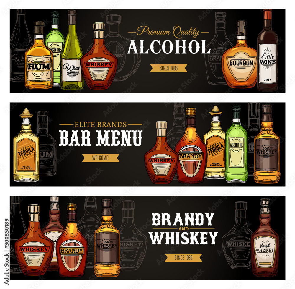Alcohol drinks bottles, bar menu banners Stock Vector | Adobe Stock