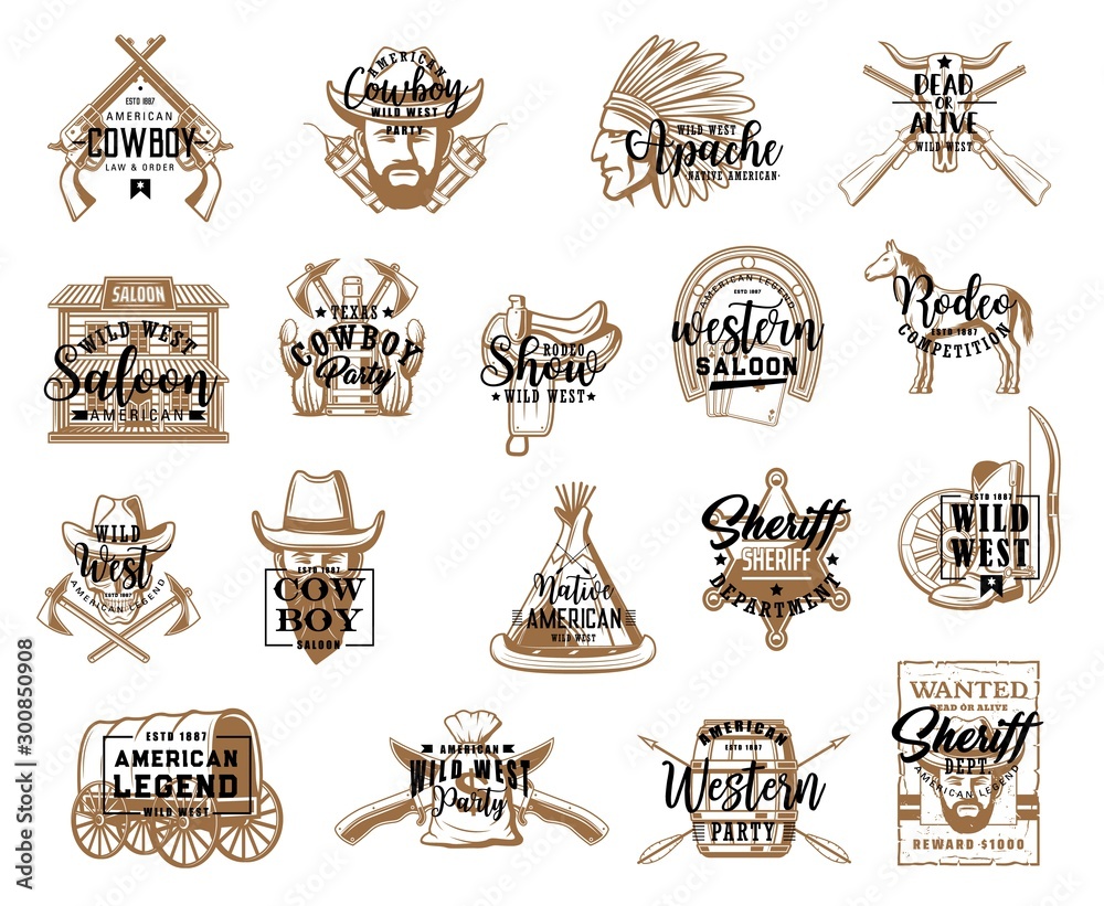 Western symbols. Cowboy, apache wild west icons Stock Vector | Adobe Stock