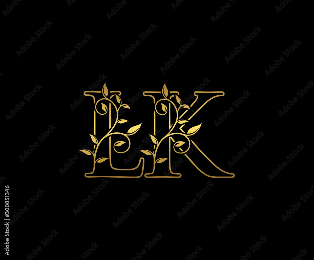 Golden letter L and K, LK vintage decorative ornament emblem badge ...