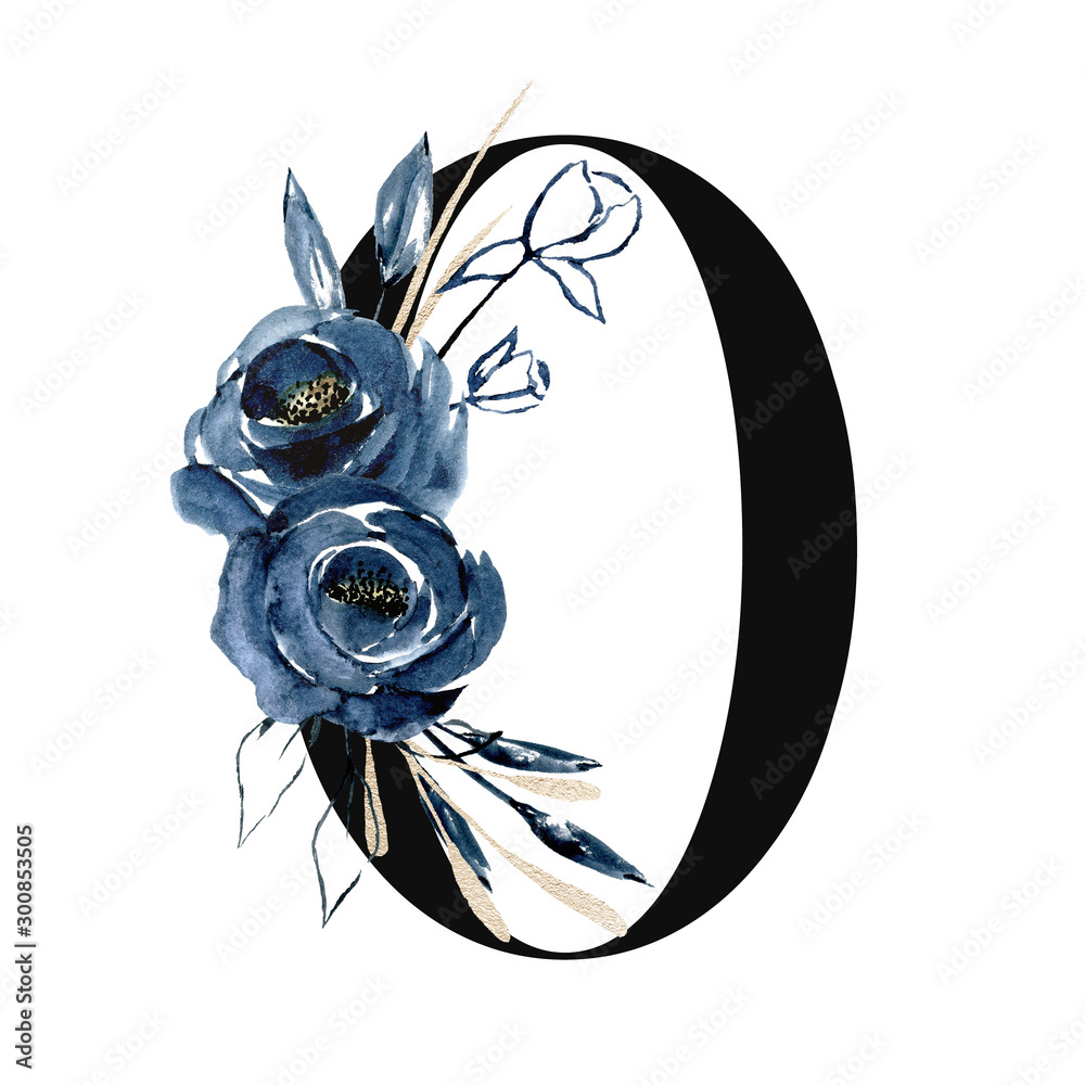 Number 0 with watercolor navy blue flowers roses hand painting ...
