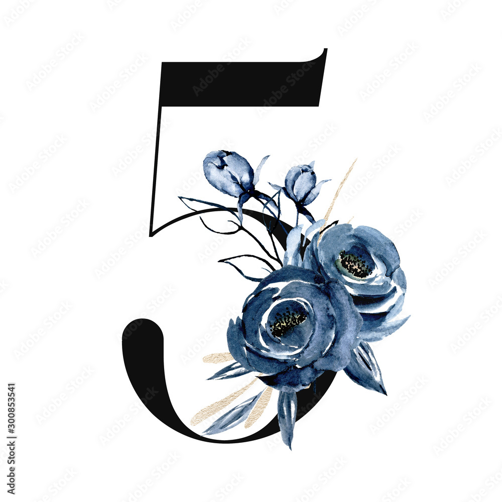 Number 5 with watercolor navy blue flowers roses hand painting ...