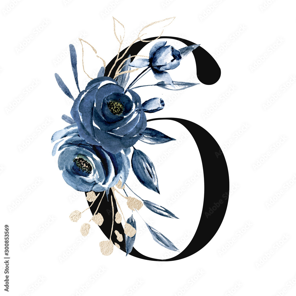Number 6 with watercolor navy blue flowers roses hand painting ...