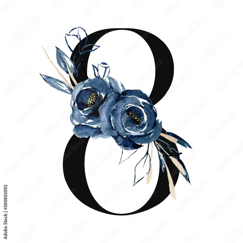 Number 8 with watercolor navy blue flowers roses hand painting ...