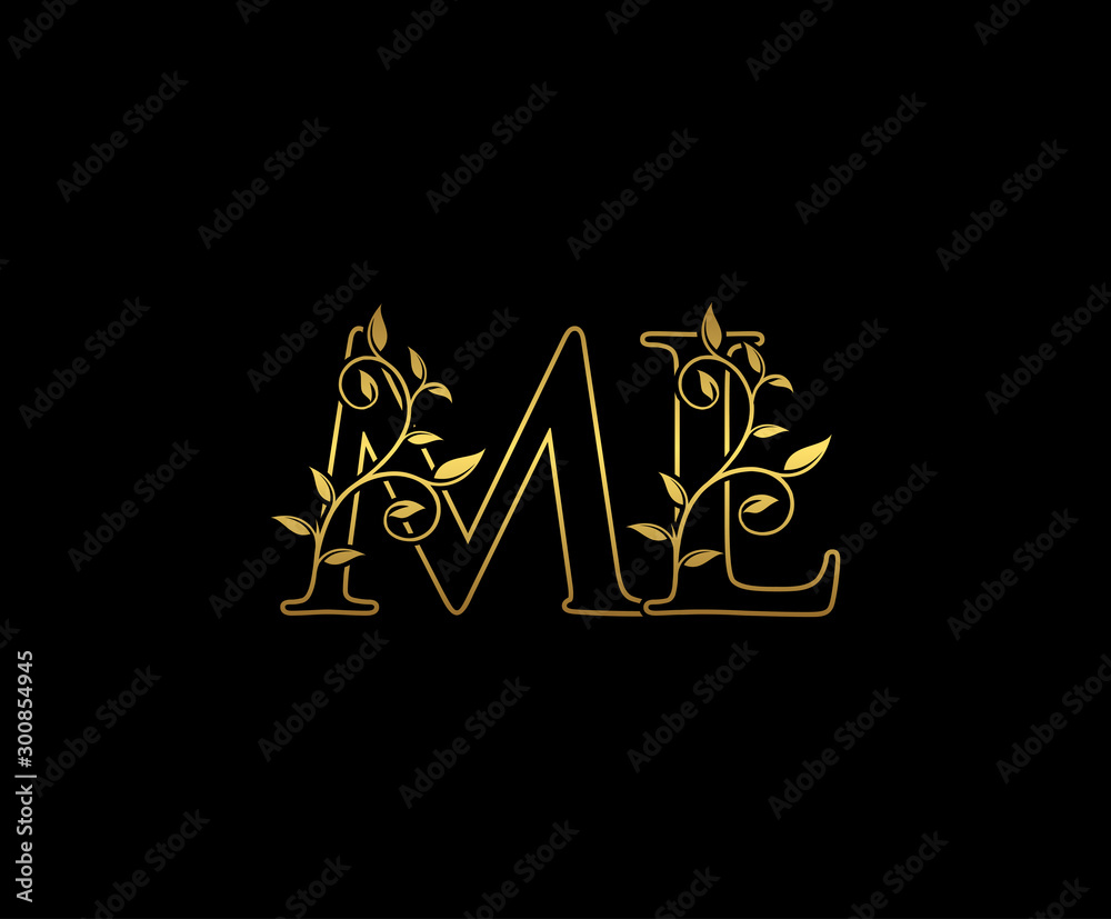 Golden letter M and L, ML vintage decorative ornament emblem badge ...