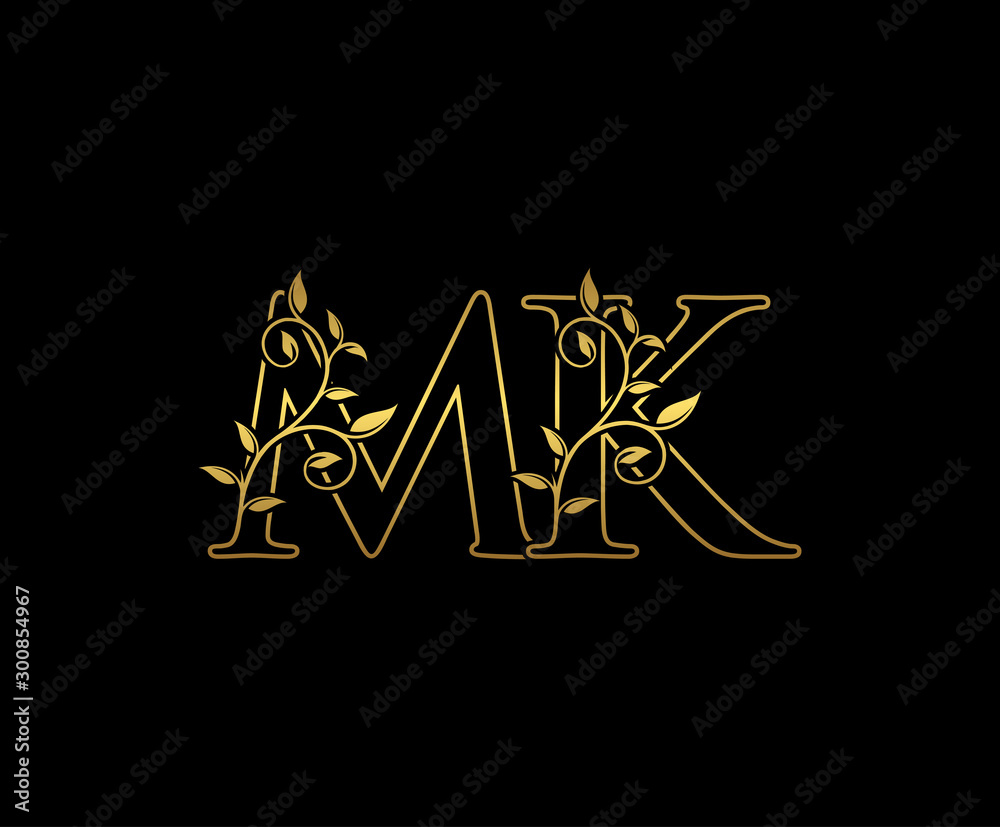 Golden letter M and K, MK vintage decorative ornament emblem badge ...