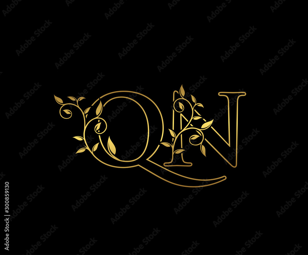 Gold letter Q and N, QN vintage decorative ornament emblem badge ...