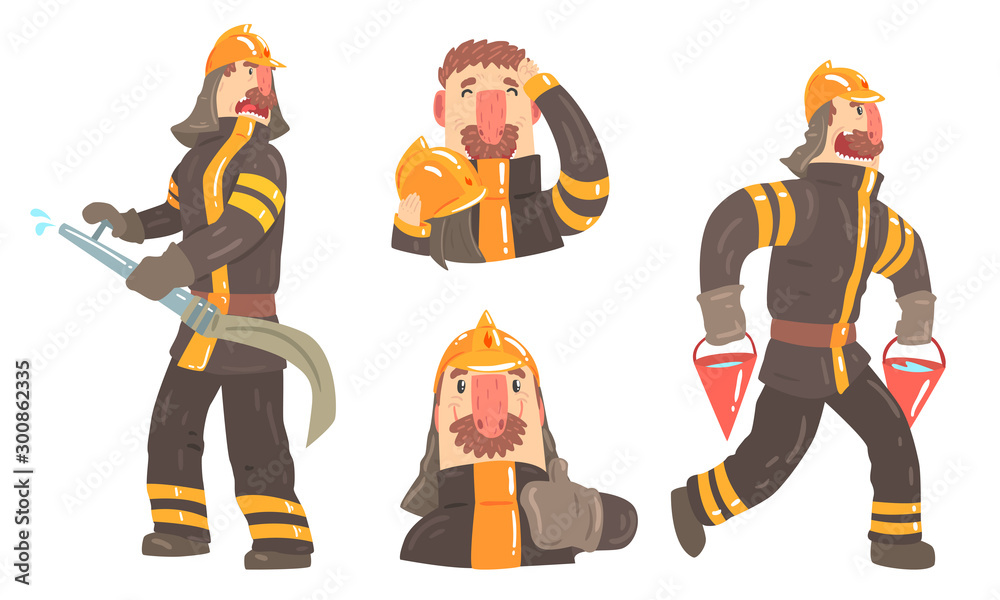 Cartoon Firefighter Character Doing His Job With Professional Equipment ...