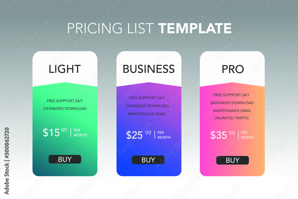 Subscription plans template with account information or list of ...