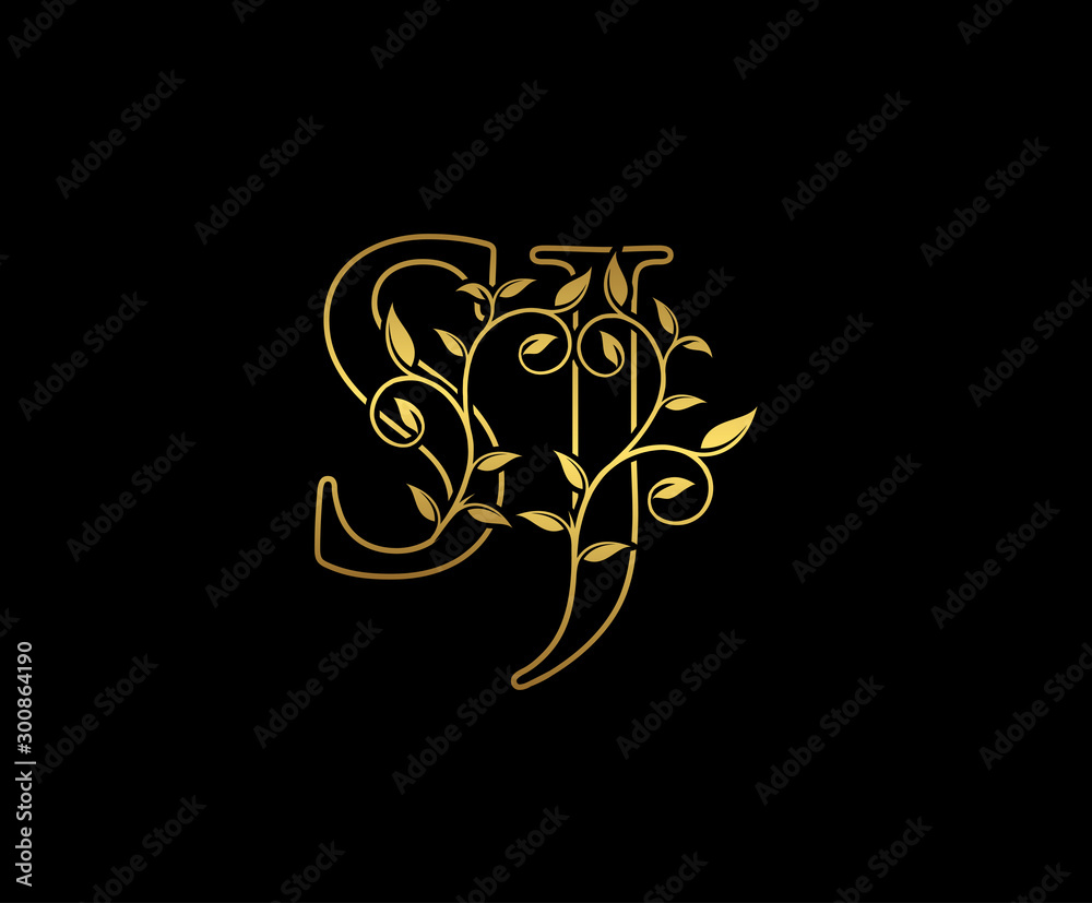 Golden letter S and J, SJ vintage decorative ornament emblem badge ...