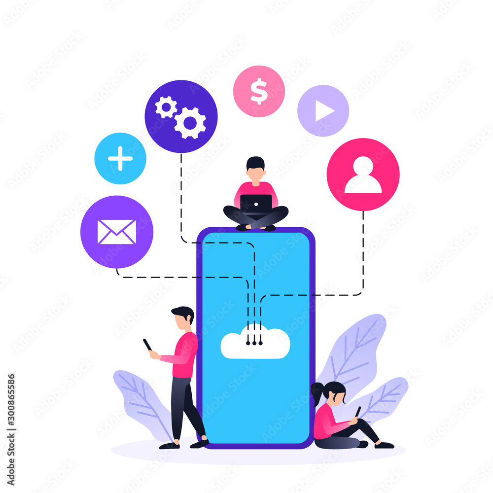 Modern flat design of Cloud Technology for banner and website. Small people with smartphone ...