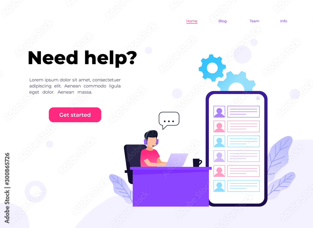 Customer Support concept design, Operator with headset doing live ...