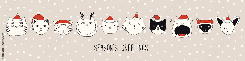 Hand drawn card, banner with different cute cats faces in Santa Claus ...