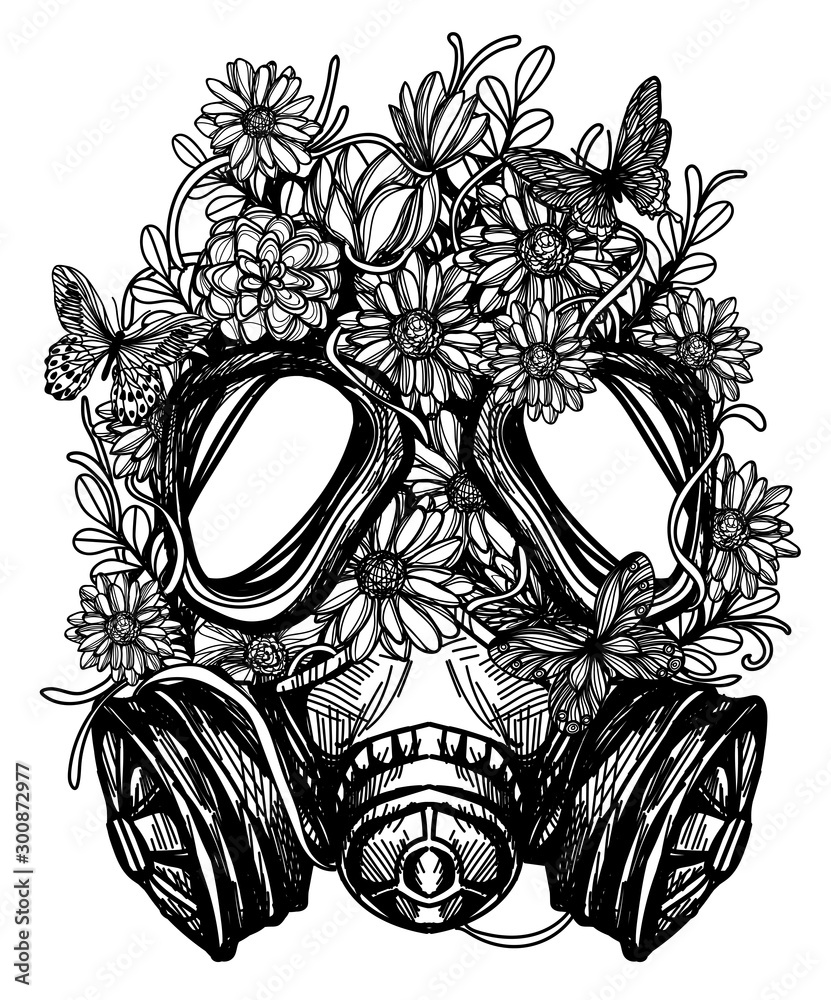 flower in gas mask toxicity emblem can be used tattoo design Stock ...